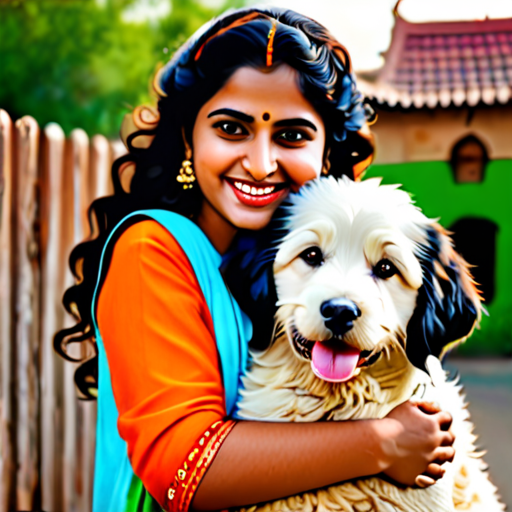 a happy bubbly Punjabi sikh girl with medium curly hairs hug her dog ...
