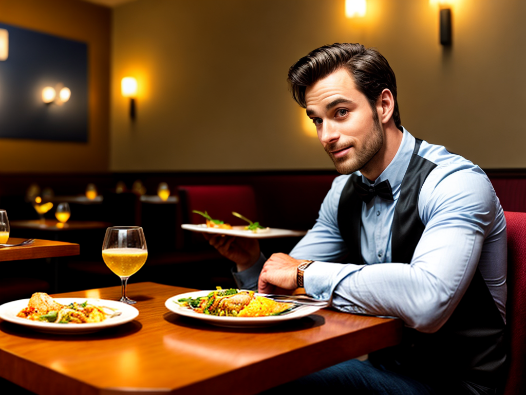 restaurant, table, handsome man sitting, dinner at restaurant