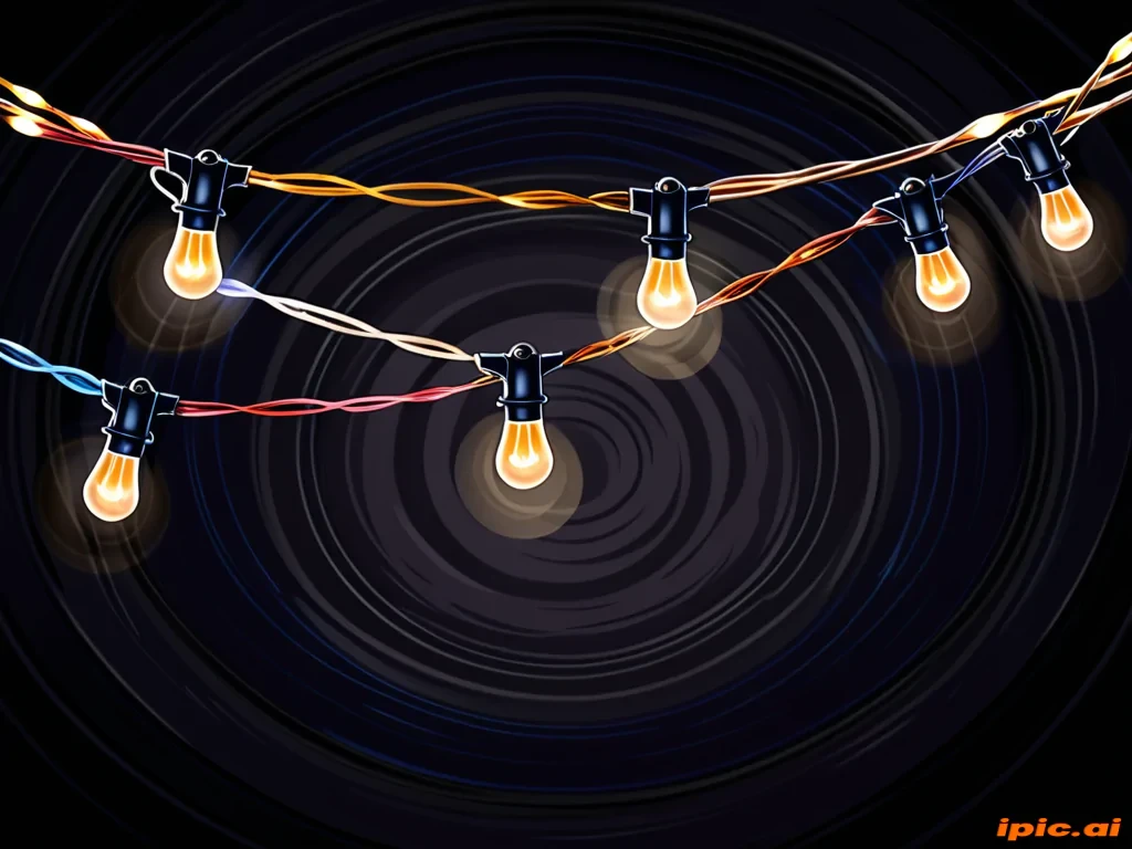 Colorful String Lights Glowing Against a Dark Swirling Background Design