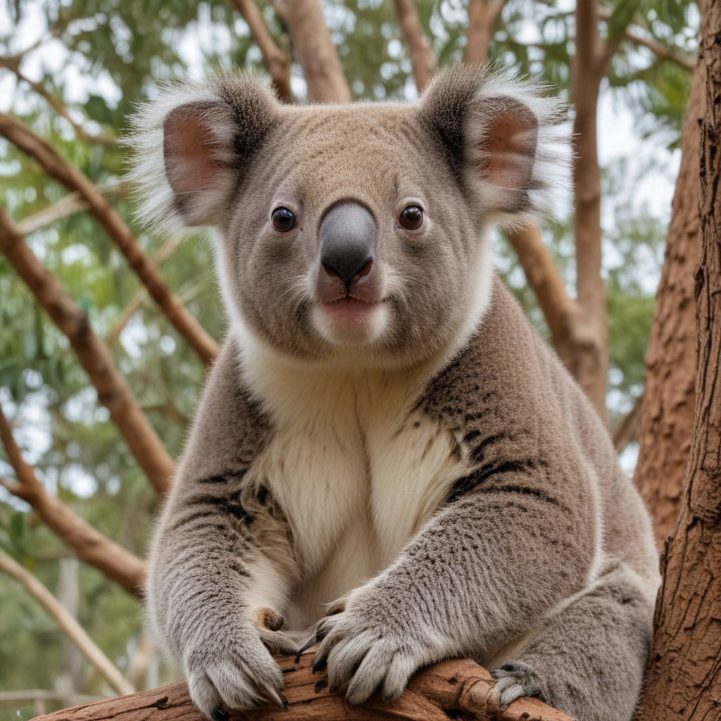 a koala in a tree near a busy road