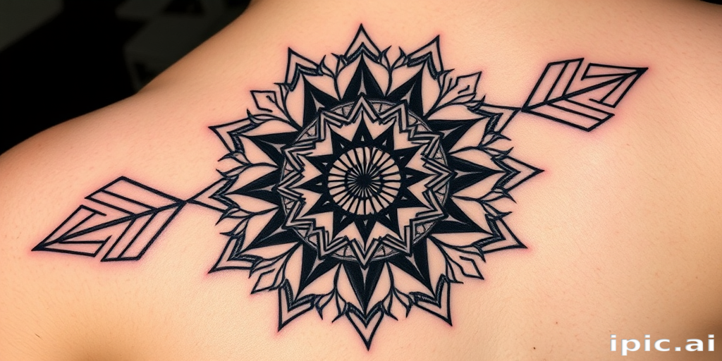 Intricate Geometric Tattoo Design Featuring a Starburst and Arrow Motifs.