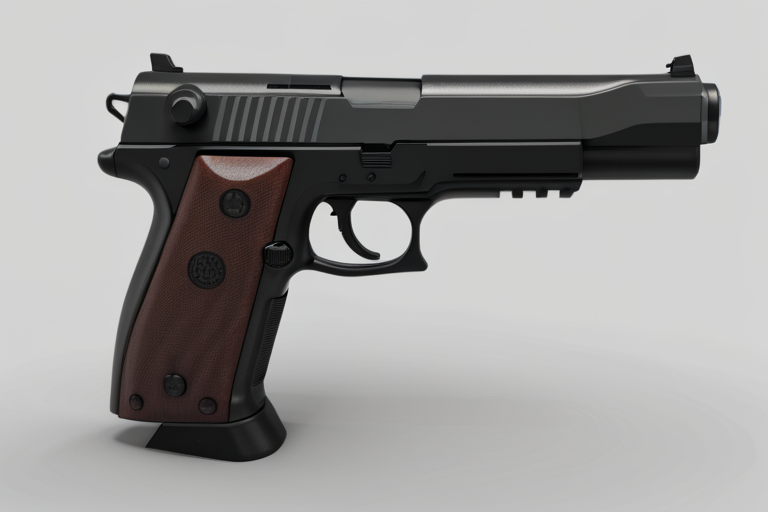 A Detailed View of a Modern Handgun with Wood Grip Design