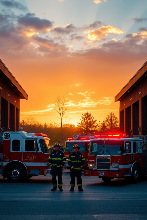 Generate an image of a fire station at sunset with fire trucks and ...