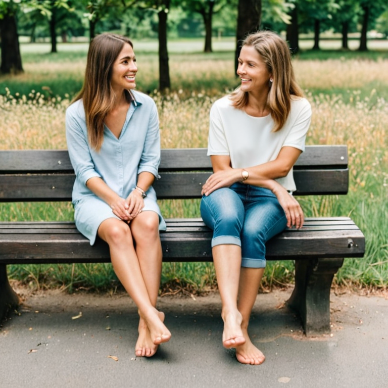 2 women sitting on a bench both barefoot