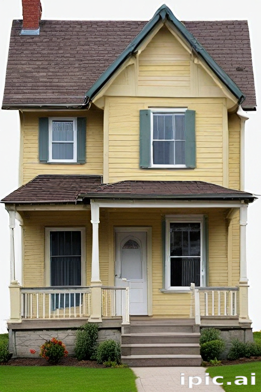Charming Two-Story Yellow House with Green Shutters and Welcoming Porch.