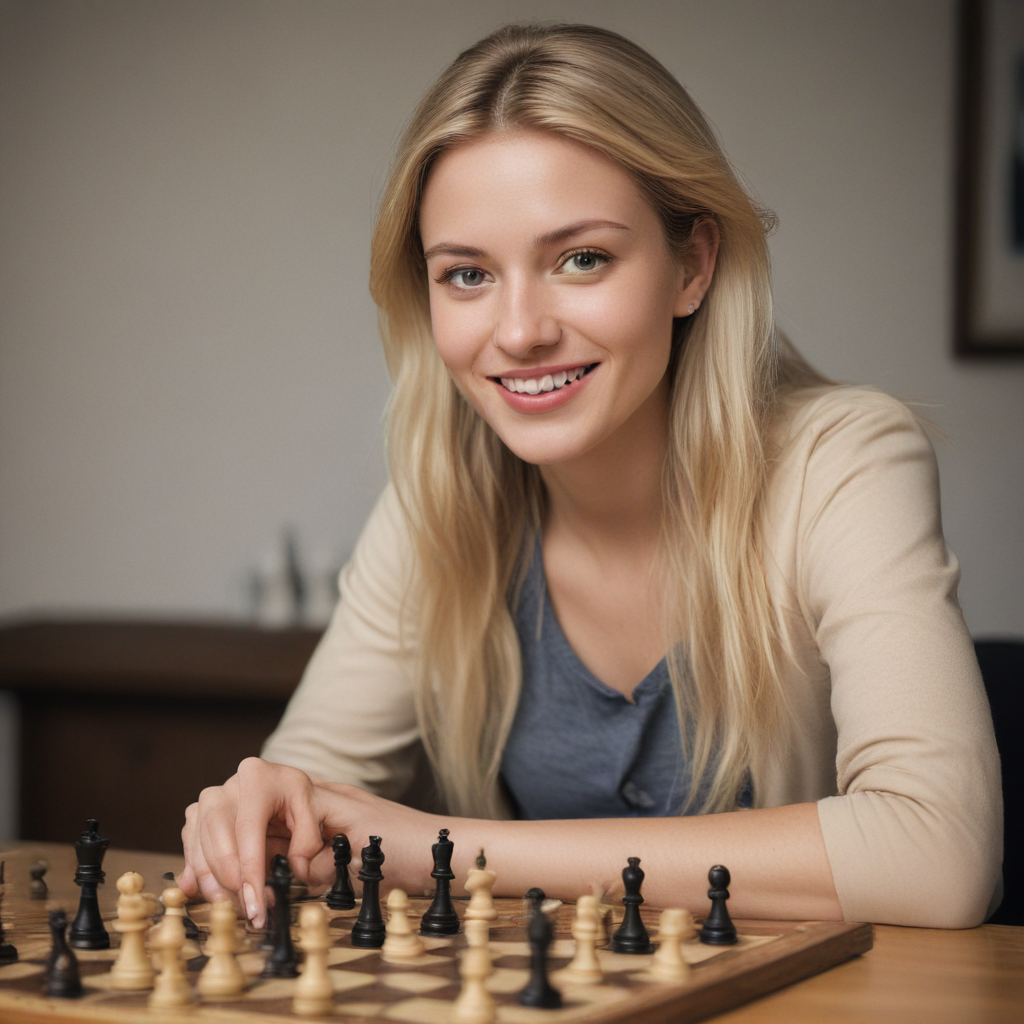 blonde woman playing chess, looking directly at the spectator, smiling