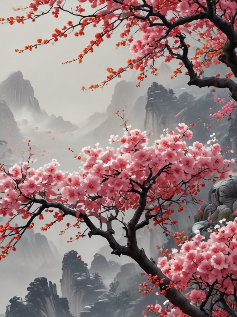 Serene Landscape Featuring Blossoming Cherry Trees Against Misty ...