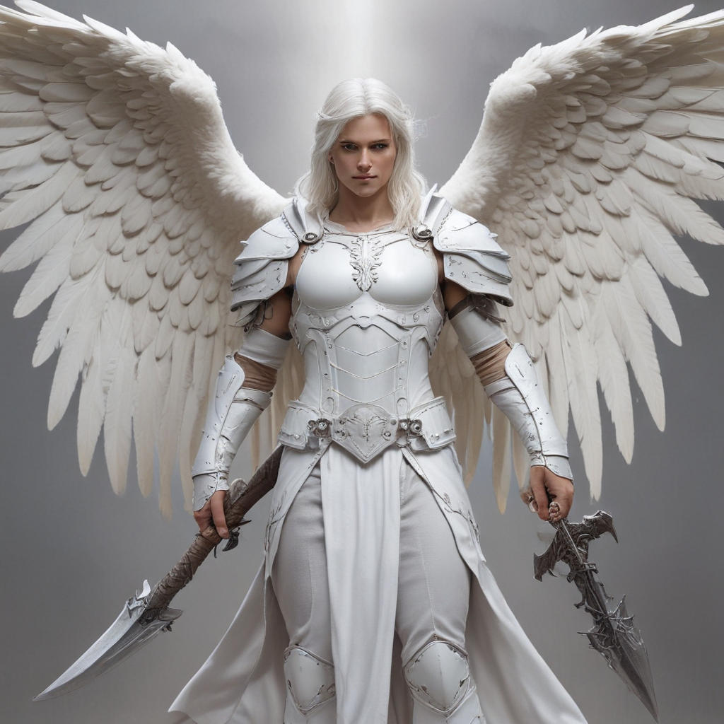 all white angel with wings, armor, and battle axe