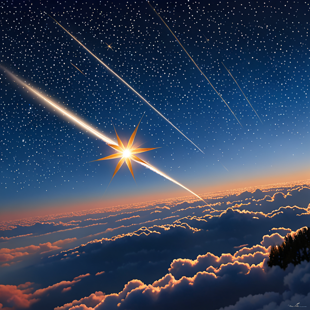 Shooting star through dawn, high resolution, high detail, photorealism 1:4
