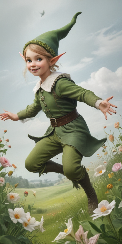 green elf jumping in a field of flowers drawing style