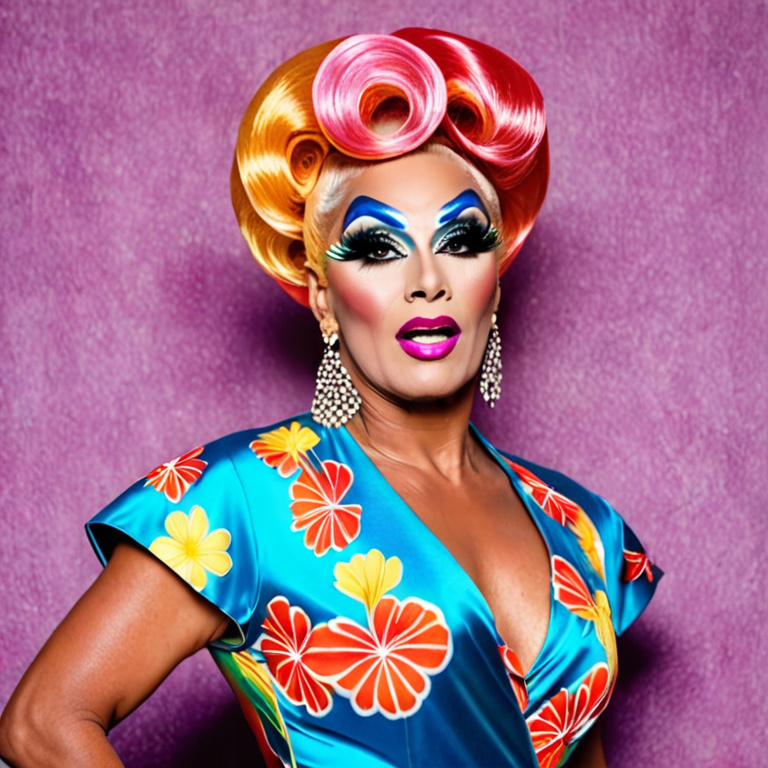 a tall drag queen with a summer retro outfit