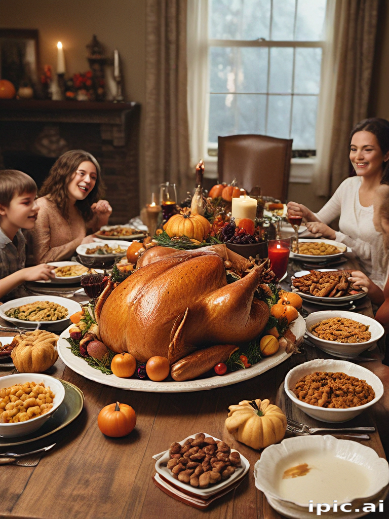 Festive Thanksgiving Dinner with Family Gathered Around a Bountiful Table
