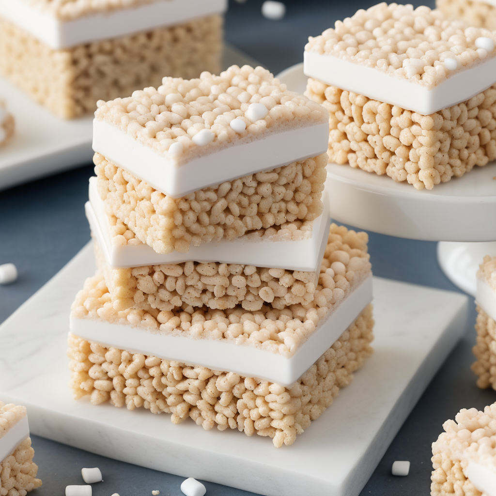 Deliciously Crafted Rice Krispie Treats Stacked on Elegant Marble Display.