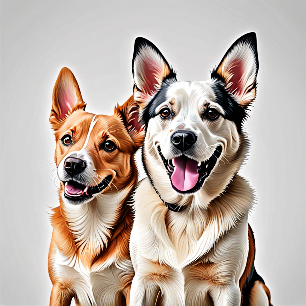 happy cute, 2 dogs, playing, white background, realistic graphic design ...