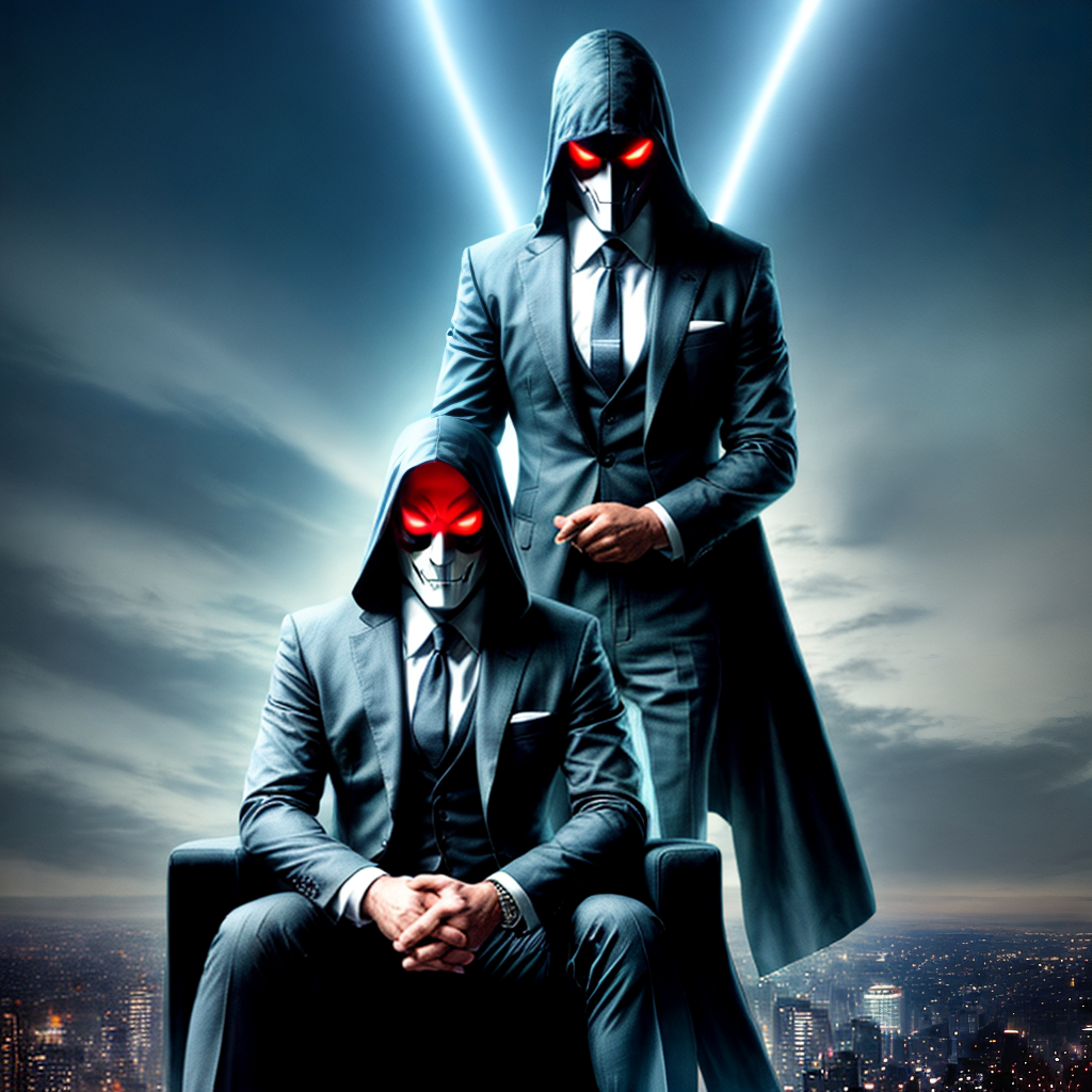 evil man in a black suit with a hacker mask sitting on a throne on an ...