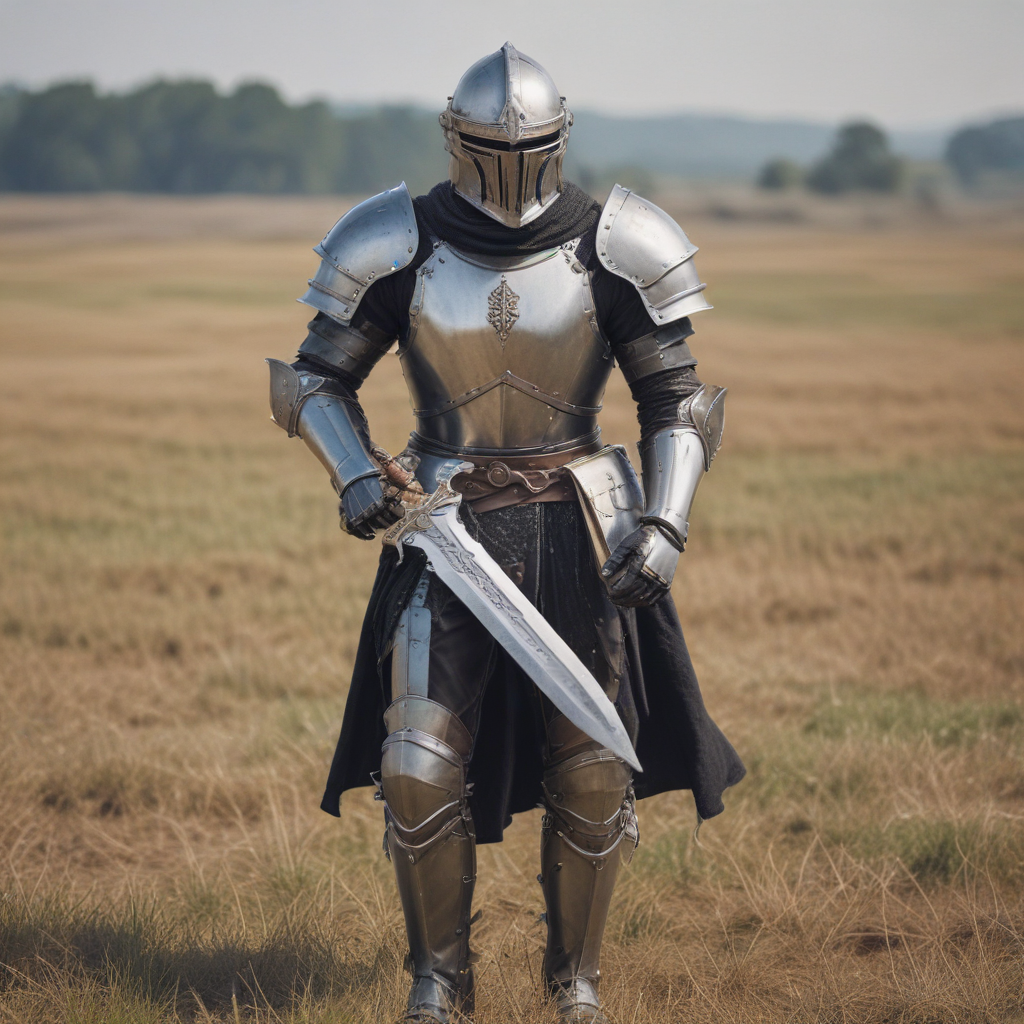 futuristic medieval knight carrying claymore out in open field