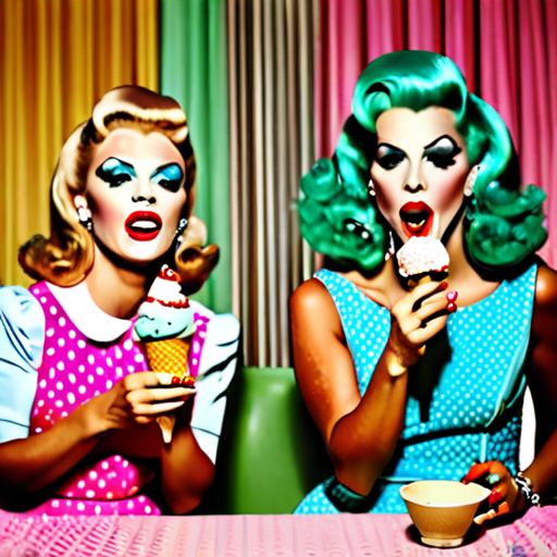 Photo realistic mid century realistic drag queens eating ice cream