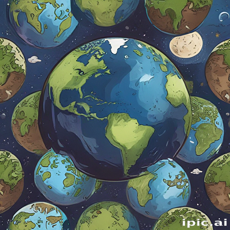 Colorful Illustrations of Multiple Earths Floating in a Cosmic Background