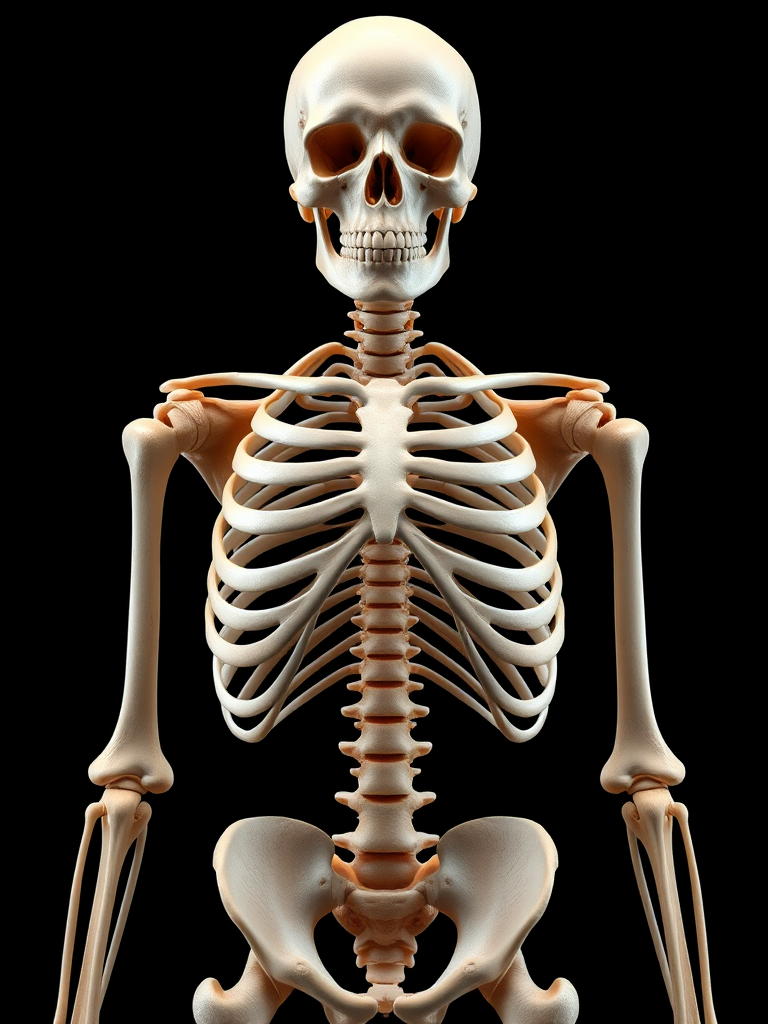 Create a highly detailed 3D rendering of a human skeleton in an ...