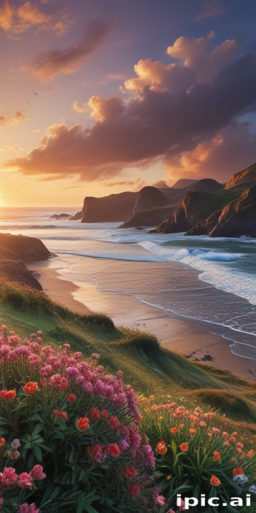 Beautiful Sunset Over a Serene Coastal Landscape with Colorful Flowers.