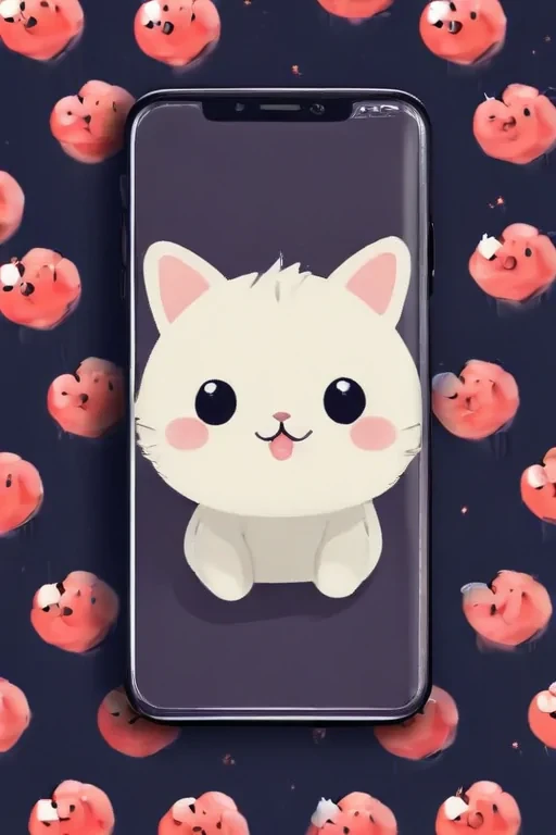 Adorable Cartoon Cat on Phone Surrounded by Cute Pink Characters Background