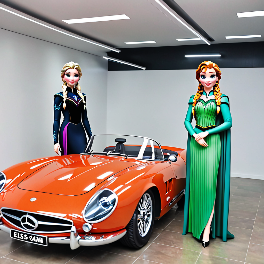 Elsa and Anna with sport car in showroom