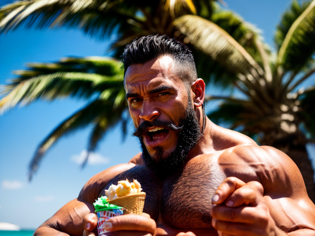 very hairy and muscular orc eating a icecream under a palm tree