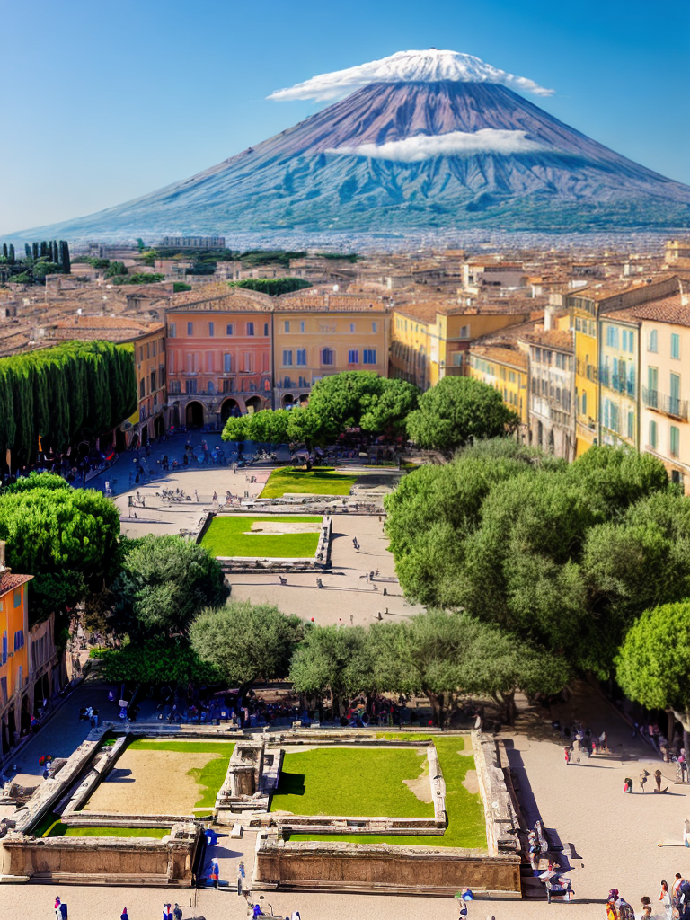 Ancient roman square with vesuvius in the background