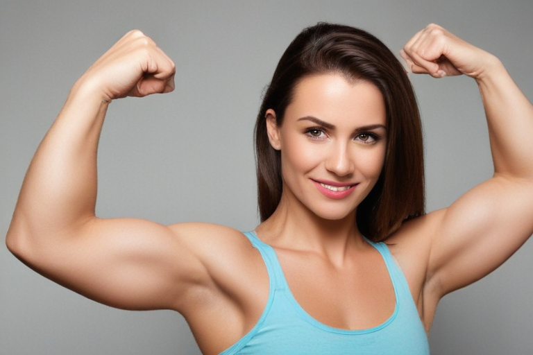 Woman flexing bigger bicep than man