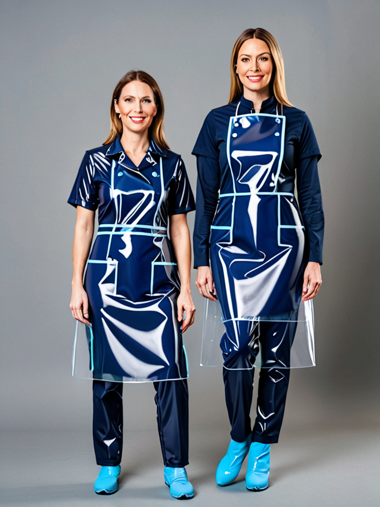 a full length portrait of two nurses in dark blue rubber catsuits with ...