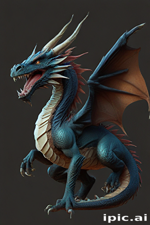 Majestic Blue Dragon with Impressive Wings Roaring in a Dark Background.