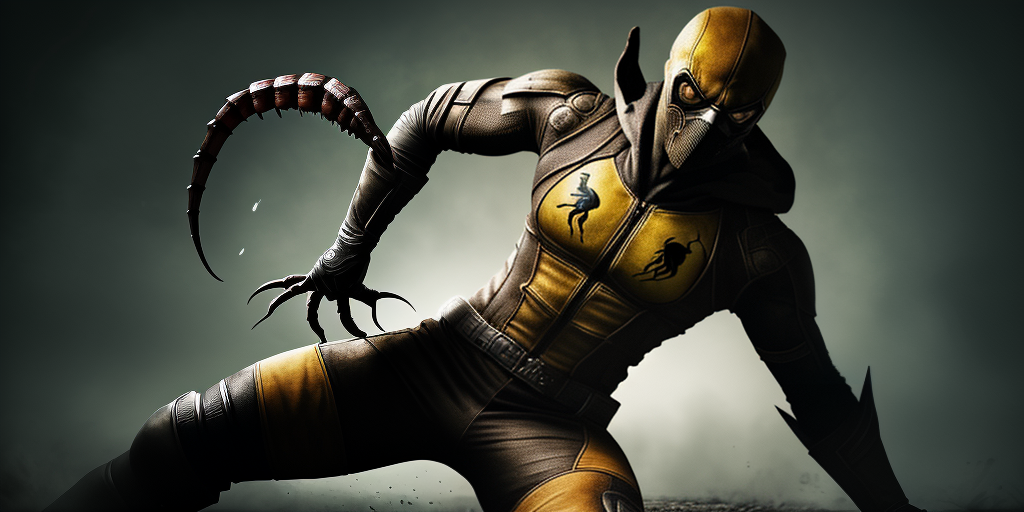 Dynamic Superhero in Yellow and Black Suit with Menacing Tail and Claws