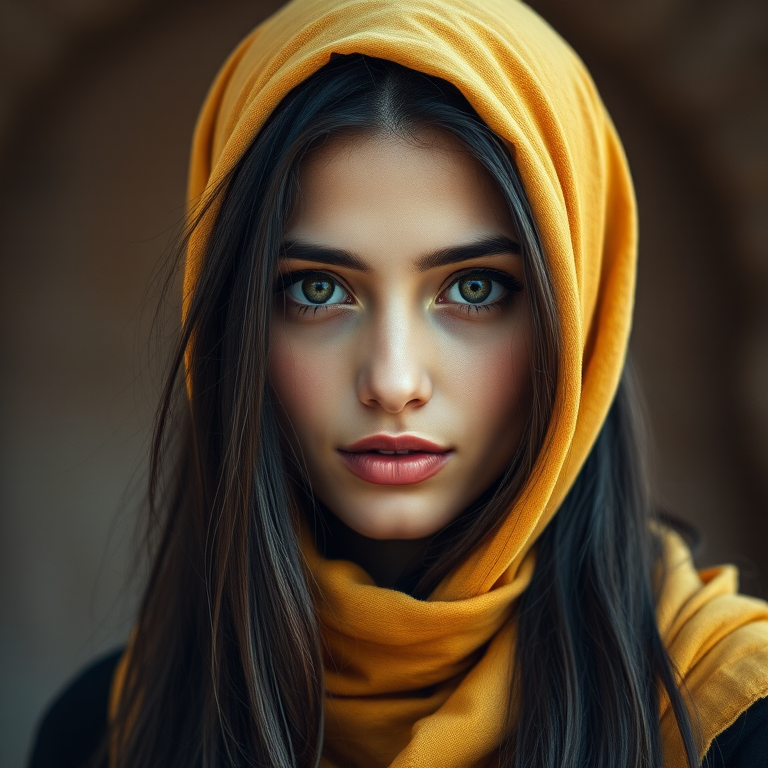 Captivating Portrait of a Young Woman with Striking Yellow Headscarf