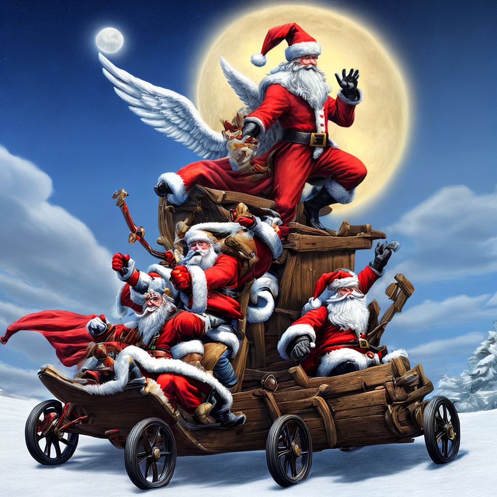 Santa with claws and fangs and angel with demons pulling sled