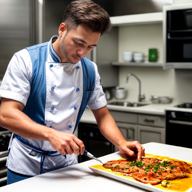 A chef in a professional kitchen checking the temperature of cooked ...