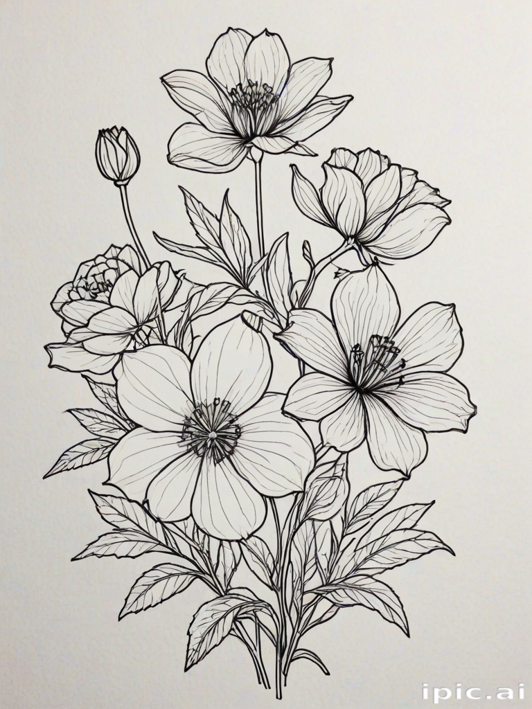 Intricate Line Drawing of a Beautiful Bouquet of Flowering Plants