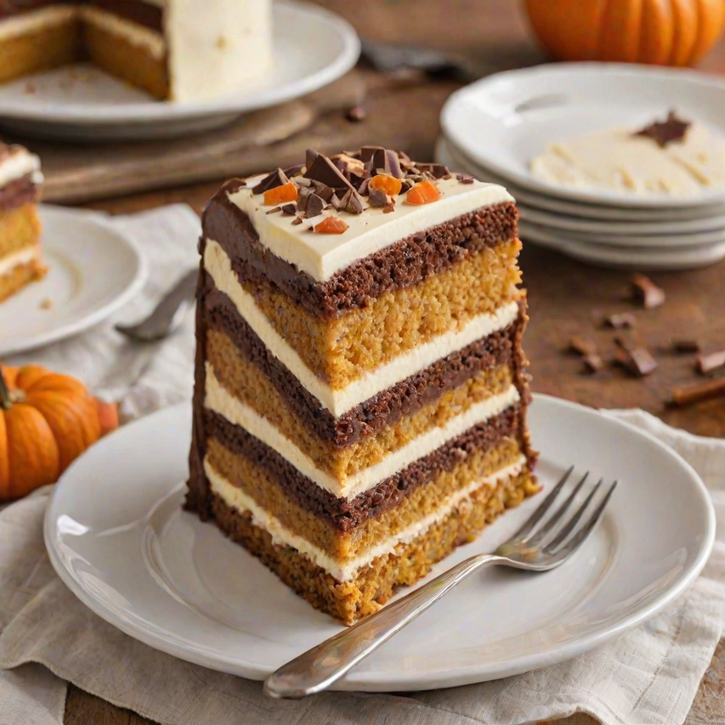 Delicious Layered Pumpkin Cake with Chocolate Frosting and Decorative ...