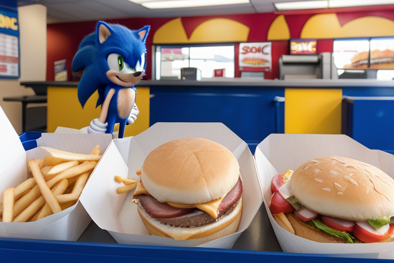 Sonic the Hedgehog Enjoys Delicious Fast Food at a Sonic Drive-In