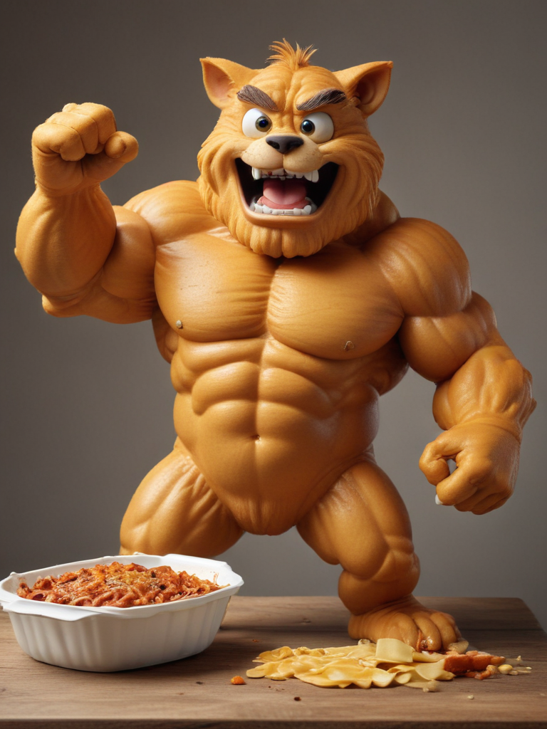 Big muscular Garfield fighting a lasagne monster