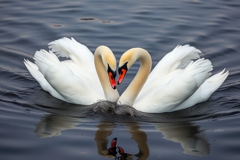 swan pair fighting on water, close-up shot, 85mm lens, f/4 aperture ...
