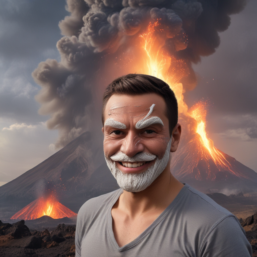 draw a man with a smiling mask standing infront of a erupting vulcano