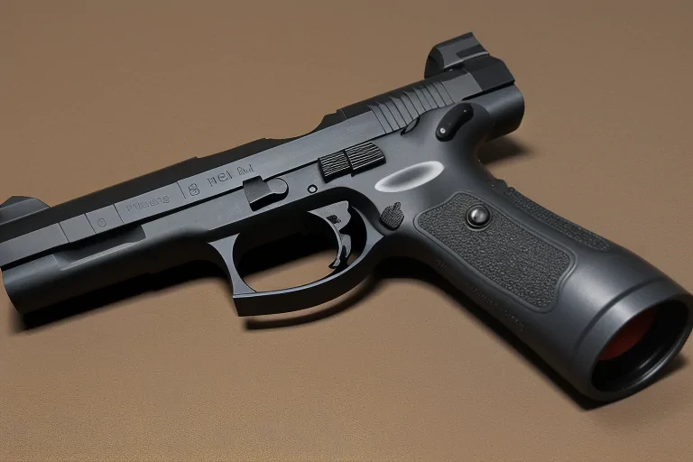 Close-Up View of a Modern Handgun on a Smooth Brown Surface