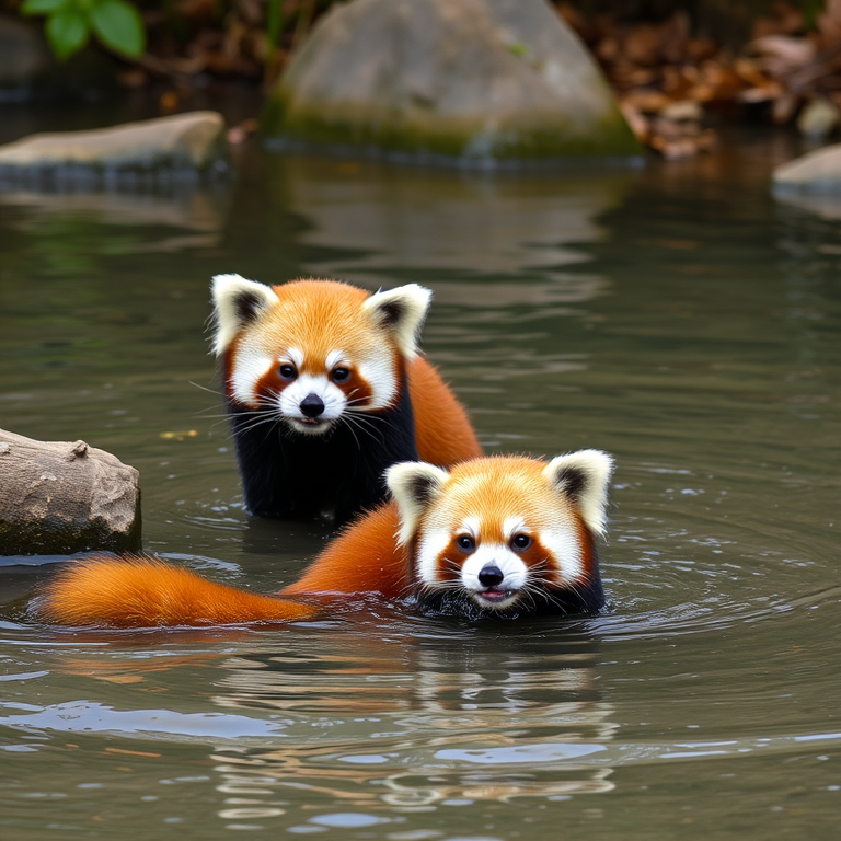 Two Adorable Red Pandas Playfully Swimming Together in a Tranquil Pond ...