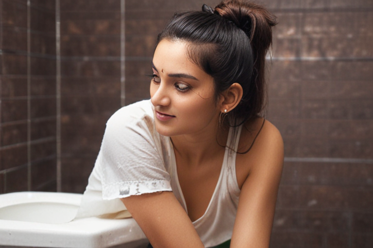 Beautiful indian women in bun hair pooping on toilet