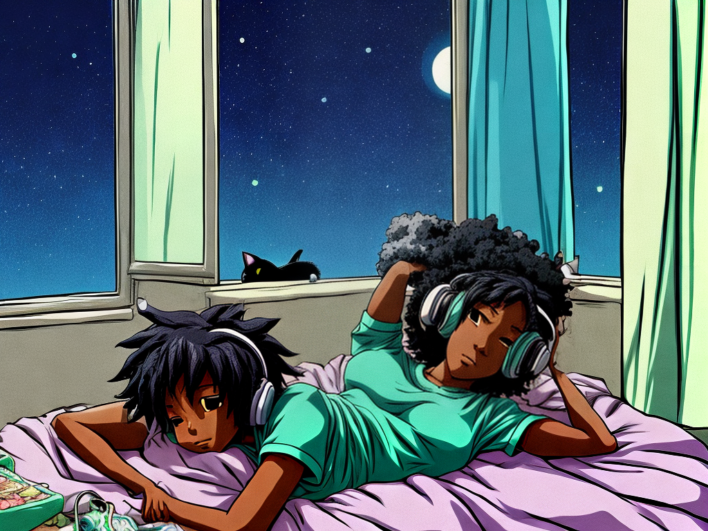 Lo-Fi style anime image of a black woman with headphones lying down in ...