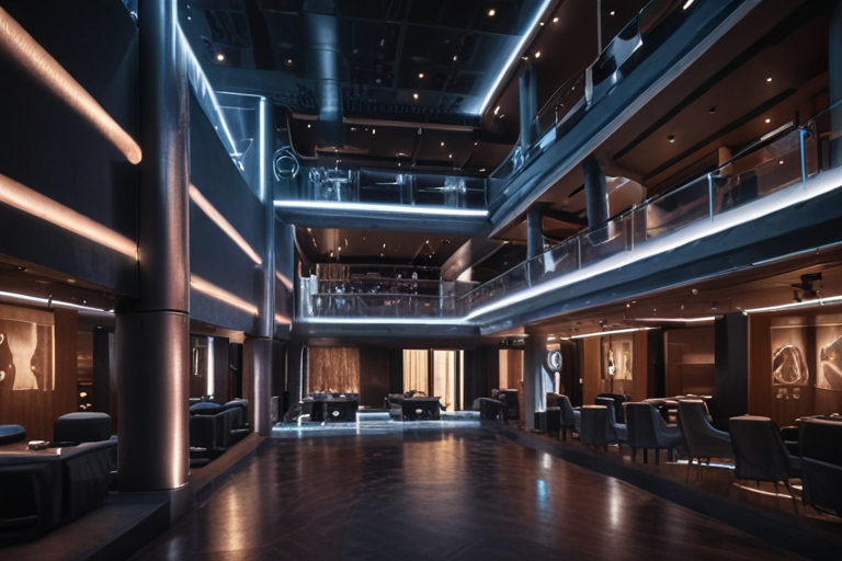 an ultra futuristic enormous, two stories, open floor nightclub