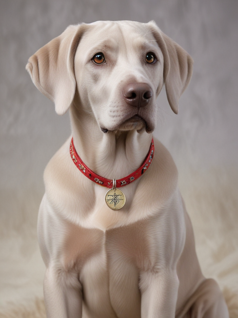 A Beautiful Light-Colored Dog with a Red Collar and Golden Tag.