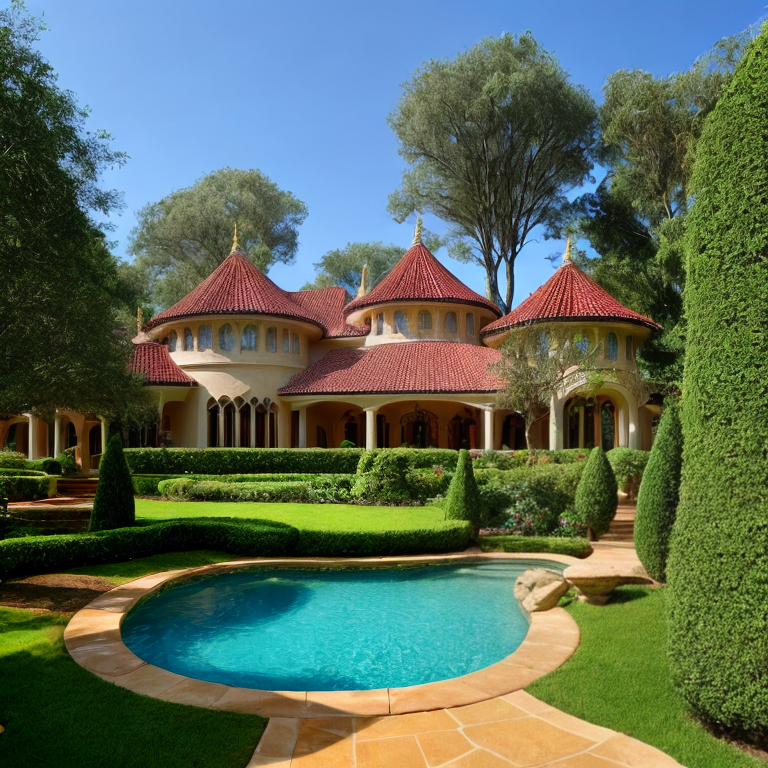elven design extravagant villa with pointed towers and high domes and ...