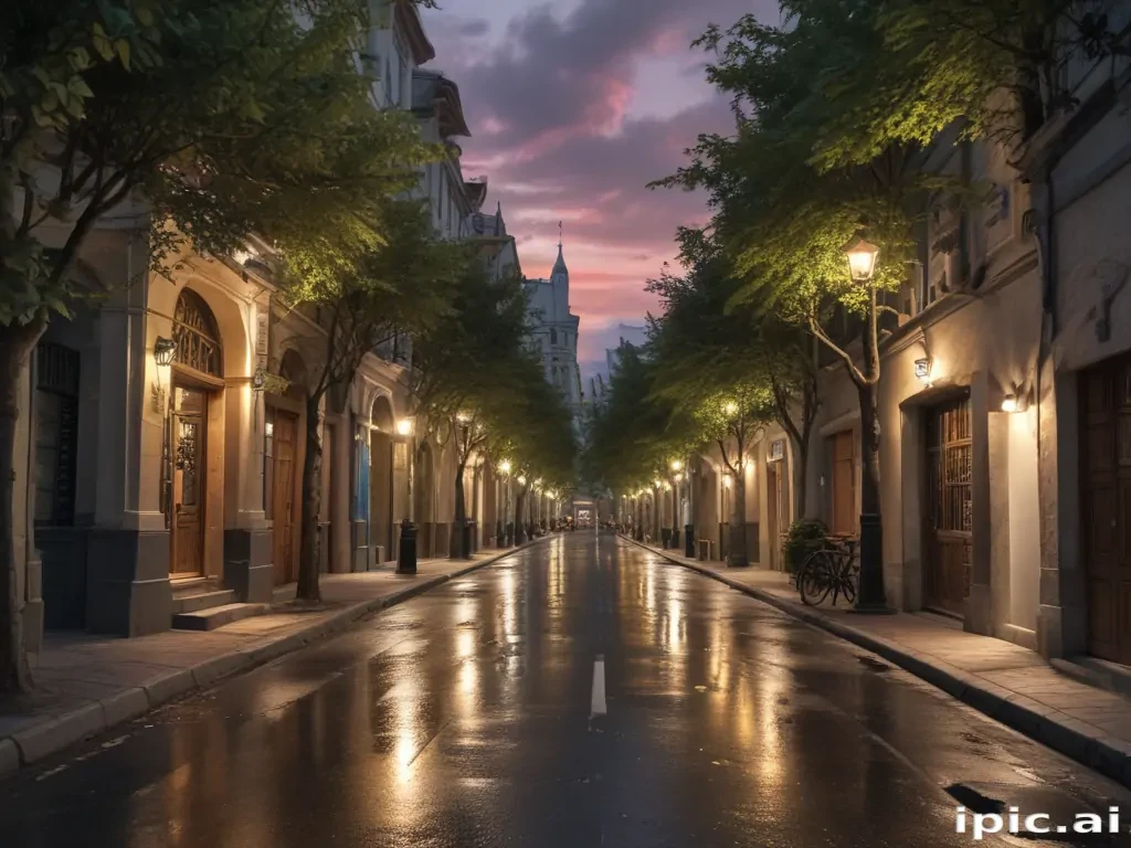 Charming Evening Street Scene with Glowing Lights and Reflections After ...