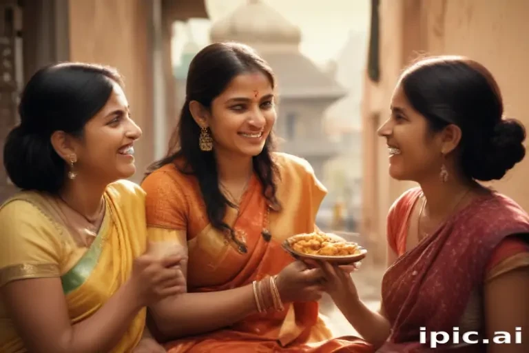 Three Friends Joyfully Sharing Traditional Indian Snacks in a Warm Setting